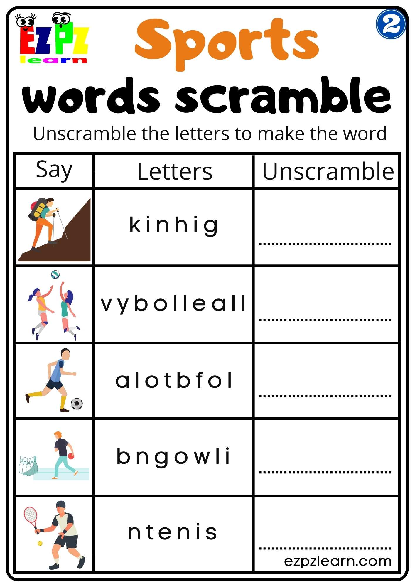 Group 2 Sports Word Scramble Worksheet K5 Kids and ESL Students PDF Download - Ezpzlearn.com